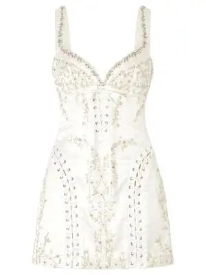 CLIO PEPPIATT Clio Peppiatt Embellished Lace-Up Satin Mini Dress Neutrals