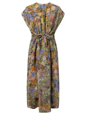 ANNTIAN Floral Print Silk Midi Dress - Green