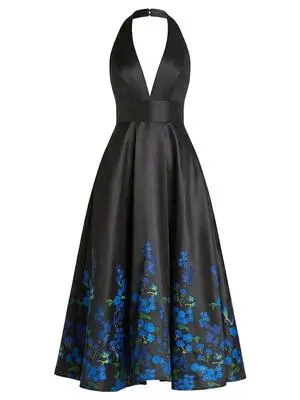 Mac Duggal Halter Neck Floral Printed Satin Midi Dress - Black