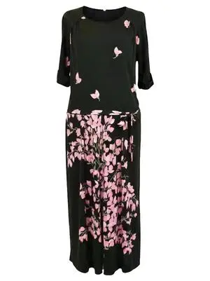 DE PARISINI VINTAGE Floral Print Belted Midi Dress - Black
