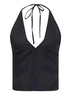 DEIJI STUDIOS Halterneck Sleeveless Linen Top - Black