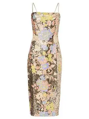 NADINE MERABI Paloma Floral Sequined Midi Dress - Metallic