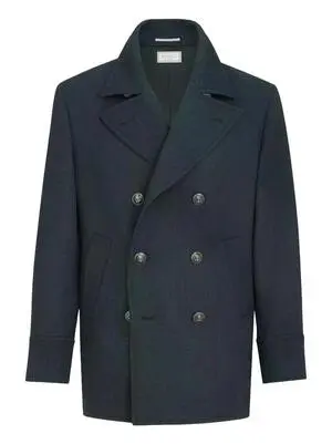 Brunello Cucinelli Wool And Cashmere Cavalry Pea Coat With Metal Buttons - Blue