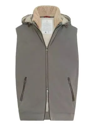 Brunello Cucinelli Waxed Techno-cotton Down Vest With Detachable Hood - Grey