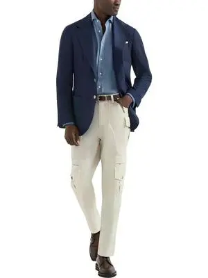 Brunello Cucinelli Cotton And Cashmere Denim-effect Diagonal Shirt With Spread Collar - Blue