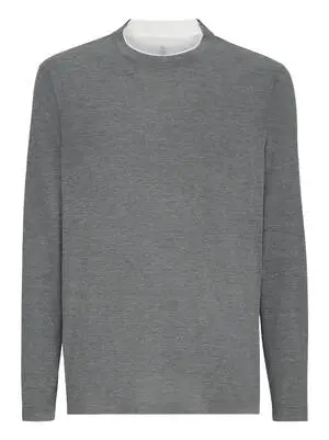 Brunello Cucinelli Silk And Cotton Lightweight-jersey Long-sleeve Crew-neck T-shirt With Contrast-detail - Grey