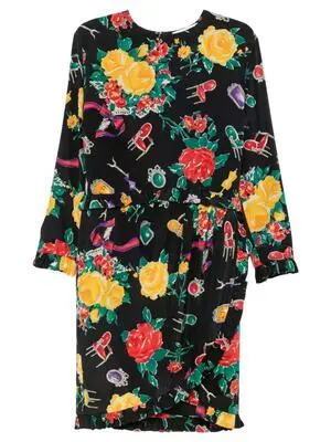 Dior 1990s Floral-print Ruffled Midi Dress - Black
