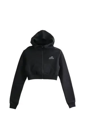 Balenciaga Logo-print Zip-up Crop Hoodie - Black