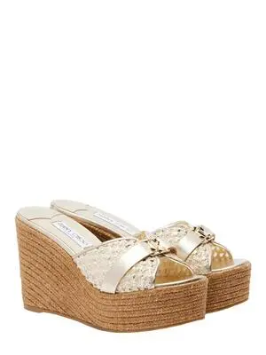 JIMMY CHOO Leda Raffia-trimmed Leather Wedge Espadrilles Platinum - Gold