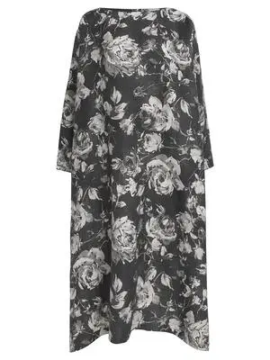 Eskandar Linen Floral Scoop Neck Midi Dress - Grey