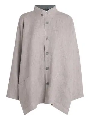 Eskandar Linen Mandarin Collar Wide Longline Jacket - Grey
