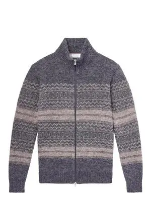 Brunello Cucinelli Alpaca-blend Zip-up Sweater With Geometric Print - Gray