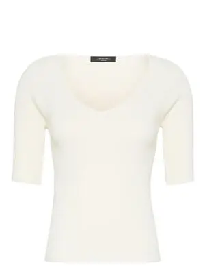 Max Mara Ribbed Stretch Viscose V-neck Sweater - Ecru