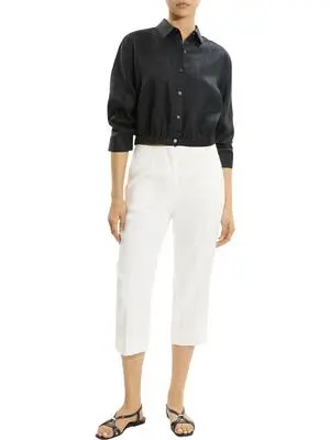 Theory Linen Scrunched Crop Button-up Top - Black