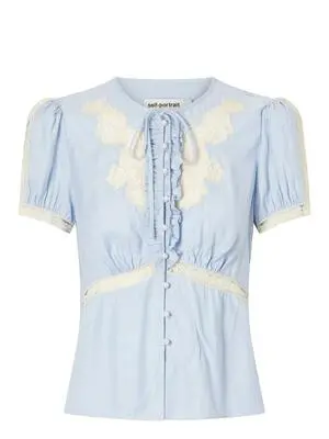 SELF-PORTRAIT Self-Portrait Ruffled Lace-Trimmed Satin Blouse