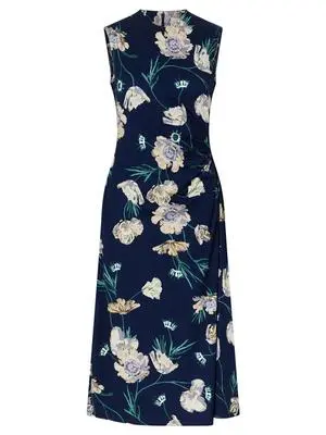 Erdem Floral Printed High Neck Belted Midi Dress - Navy