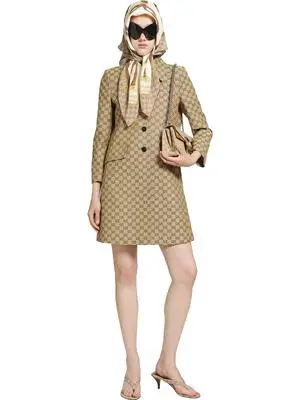 Gucci Gg Canvas Coat With Leather Trim - Beige