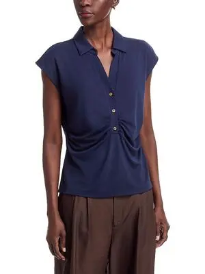 SIONI Short Sleeve Half Placket Pullover Top - Navy