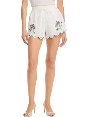 Moon River Floral Embroidered Scalloped Shorts - White Multi