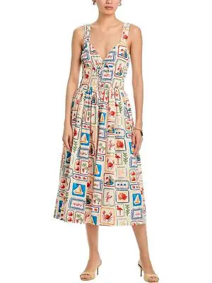 Moon River Sweetheart Neck Printed Midi Dress - Beige Multi