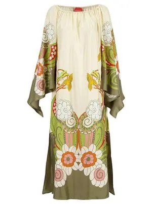 La DoubleJ Date Palms Placée Silk Midi Dress - Multicolour