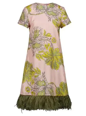 La DoubleJ Swathe Silk Twill Feather Trim Mini Dress - Pink