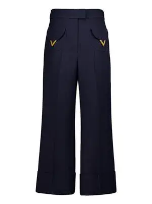 Valentino Garavani Navy Vlogo Wool Wide-leg Trousers - Blue