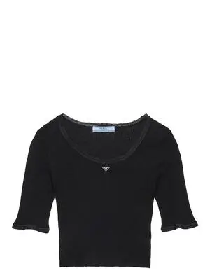 Prada Cropped Ribbed Cotton T-shirt With Lace Trim - Black