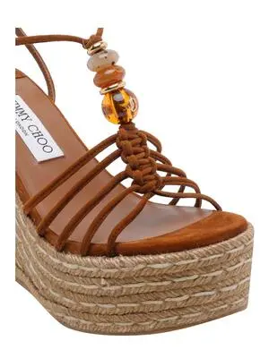 JIMMY CHOO Jimmy Choo Lemi Suede Leather Wedge Sandals With Adjustable Buckle Closure Brown
