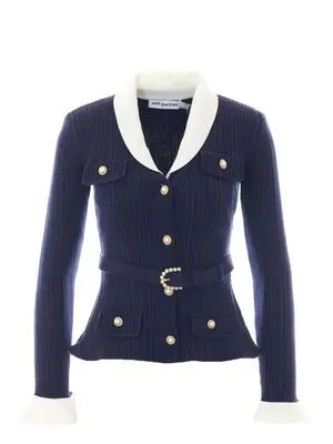 SELF-PORTRAIT SELF-PORTRAIT Ribbed Knit Cardigan With Jewel Buttons And Belt Blue