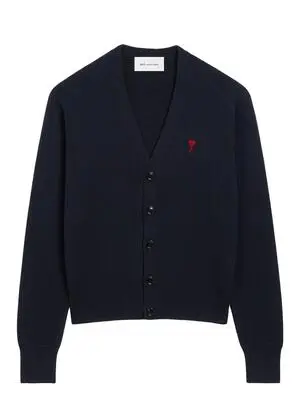 AMI Paris V-neck Wool Cardigan With De Coeur Embroidery - Navy/red