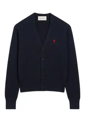 AMI Paris V-neck Wool Cardigan With De Coeur Embroidery - Navy/red