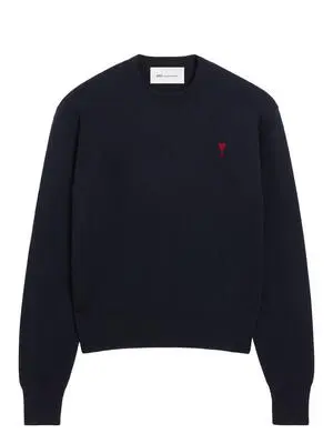 AMI Paris Crewneck Wool Sweater With De Coeur Embroidery - Navy/red