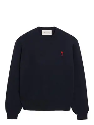 AMI Paris Crewneck Wool Sweater With De Coeur Embroidery - Navy/red