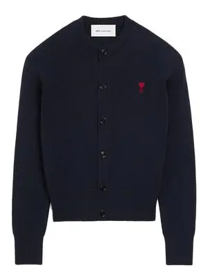 AMI Paris Crewneck Wool Cardigan With De Coeur Embroidery - Navy/red