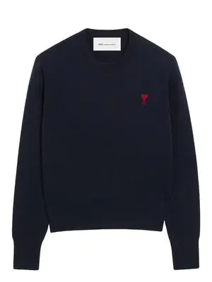 AMI Paris Crewneck Wool Sweater With De Coeur Embroidery - Navy/red