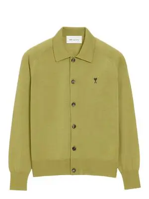 AMI Paris Green Wool Cardigan With De Coeur Embroidery - Matcha/black