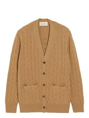 AMI Paris Brown Wool And Cotton Cable Stitch Cardigan - Camel