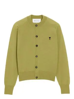 AMI Paris Green Wool Crewneck Cardigan With De Coeur Embroidery - Matcha/black
