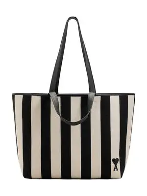 AMI Paris De Coeur Striped Cotton Canvas Shopping Bag - White Cream/black