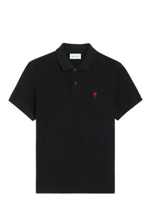 AMI Paris Cotton Polo Shirt With De Coeur Embroidery - Black