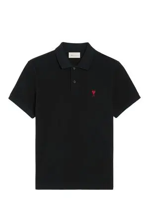 AMI Paris Cotton Polo Shirt With De Coeur Embroidery - Black
