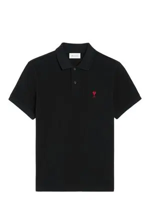 AMI Paris Cotton Polo Shirt With De Coeur Embroidery - Black