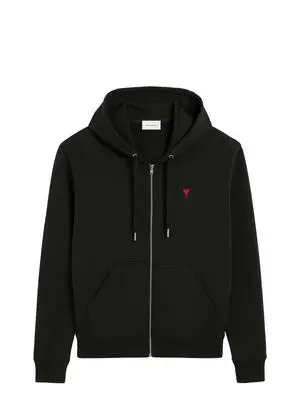 AMI Paris Zipped Cotton Hoodie With De Coeur Embroidery - Black