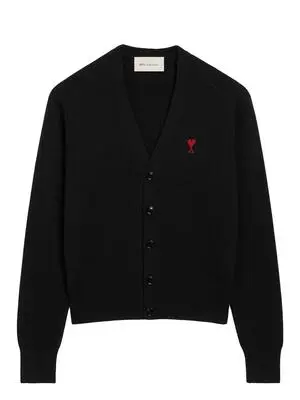 AMI Paris V-neck Wool Cardigan With De Coeur Embroidery - Black/red