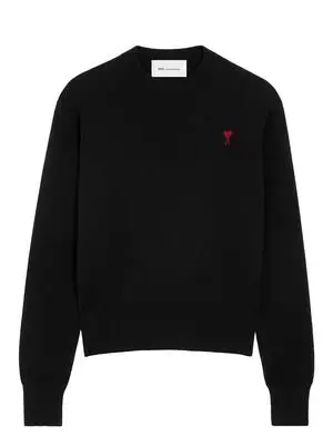 AMI Paris Black Wool Crewneck Sweater With De Coeur Embroidery - Black/red
