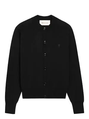 AMI Paris Black Wool Crewneck Cardigan With De Coeur Embroidery - Black/black