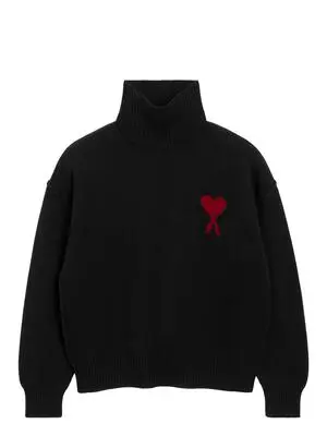 AMI Paris Black Wool Funnel Neck Sweater With De Coeur Detail - Black/red