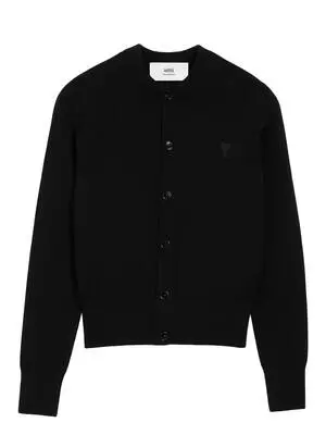 AMI Paris Crewneck Wool Cardigan With De Coeur Embroidery - Black/black