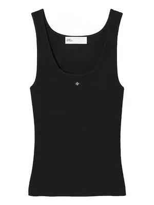 Tory Burch Ribbed Viscose Knit Tank Top With Double T Charm - Black